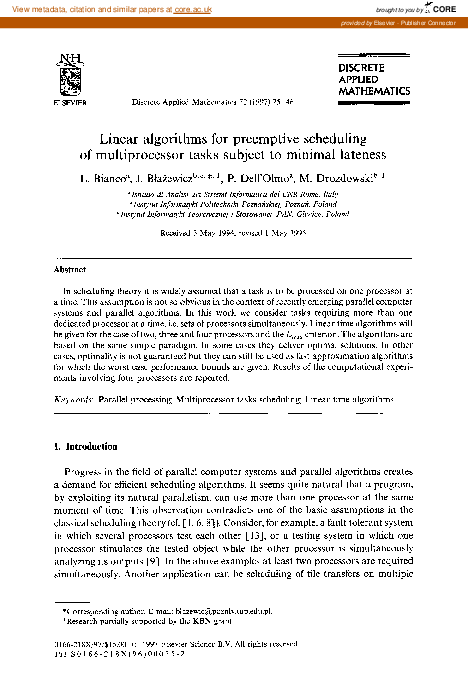 (PDF) Linear algorithms for preemptive scheduling of multiprocessor tasks subject to minimal ...