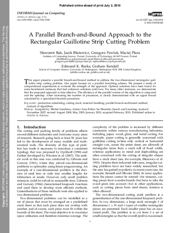 Pdf A Parallel Branch And Bound Approach To The Rectangular Guillotine Strip Cutting Problem