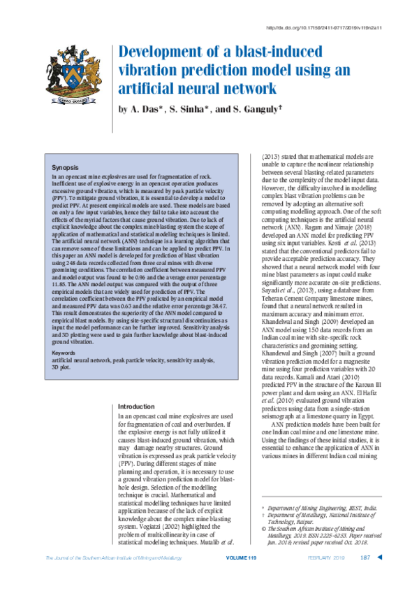 Development Of A Blast Induced Vibration Prediction Model Using An Artificial Neural Network