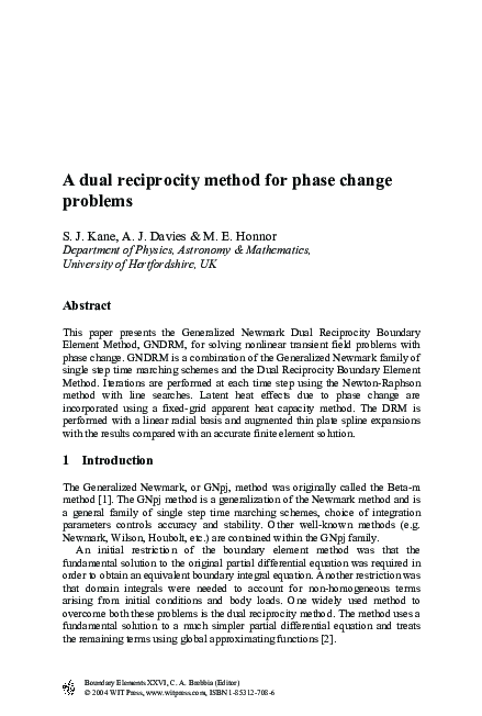 (PDF) A Dual Reciprocity Method For Phase ChangeProblems