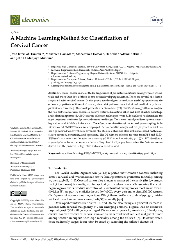 (PDF) A Machine Learning Method for Classification of Cervical Cancer