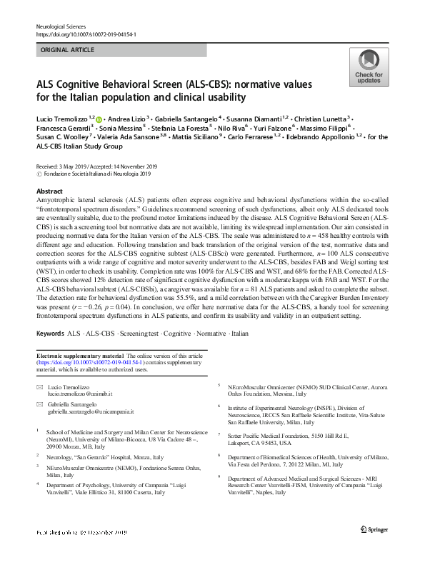 (PDF) ALS Cognitive Behavioral Screen (ALS-CBS): normative values for the Italian population and ...