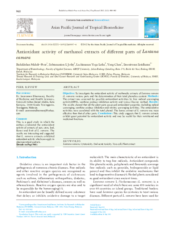 Pdf Antioxidant Activity Of Methanol Extracts Of Different Parts Of