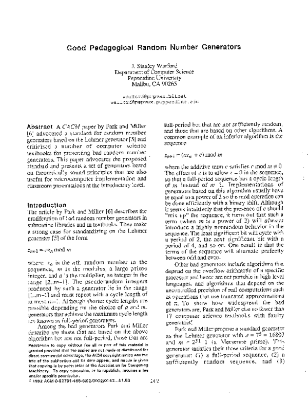 (PDF) Good pedagogical random number generators