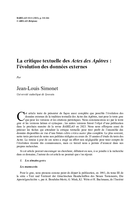 (PDF) La critique textuelle des Actes des Apôtres : l'évolution des ...