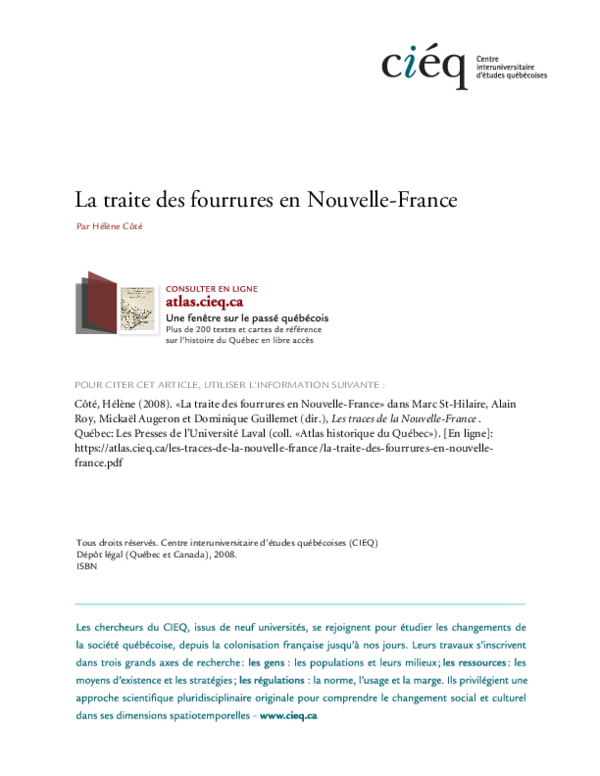 (PDF) La traite des fourrures en Nouvelle-France