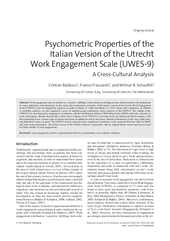 (PDF) Psychometric Properties of the Italian Version of the Utrecht ...