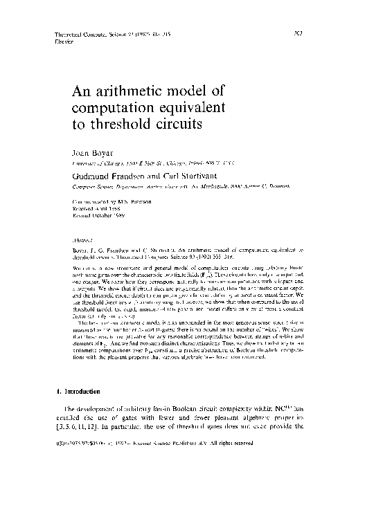 (PDF) An arithmetic model of computation equivalent to threshold circuits
