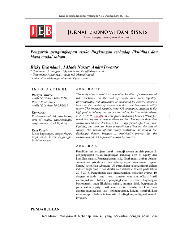 (PDF) Pengaruh pengungkapan risiko lingkungan terhadap likuiditas dan biaya modal saham