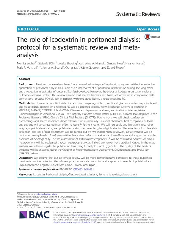 (PDF) The role of icodextrin in peritoneal dialysis: protocol for a ...