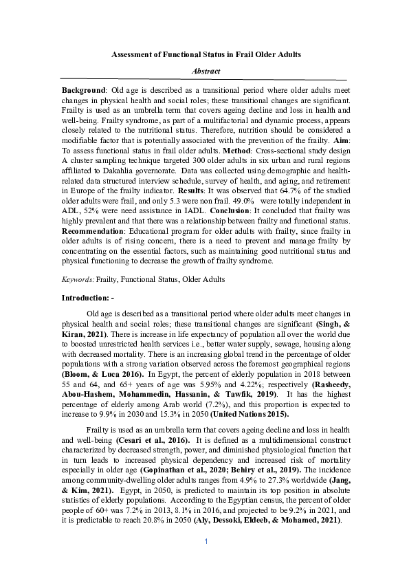 (DOC) Assessment of Functional Status in Frail Older Adults