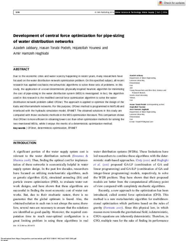 (PDF) Development of central force optimization for pipe-sizing of water distribution networks