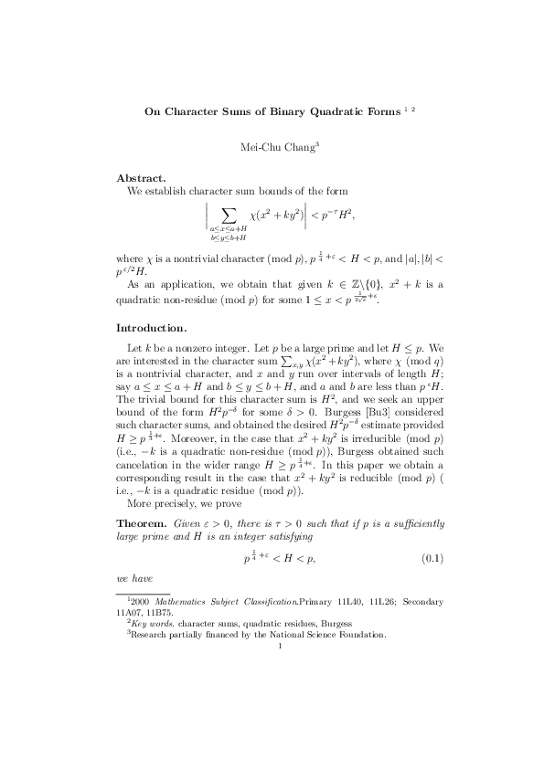 (PDF) On character sums of binary quadratic forms