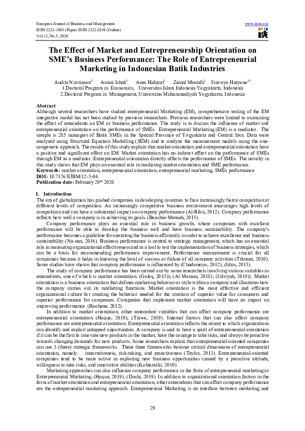 (PDF) The Effect of Market and Entrepreneurship Orientation on SME’s Business Performance: The ...