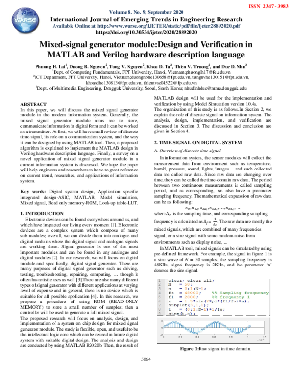 Pdf Mixed Signal Generator Moduledesign And Verification In Matlab