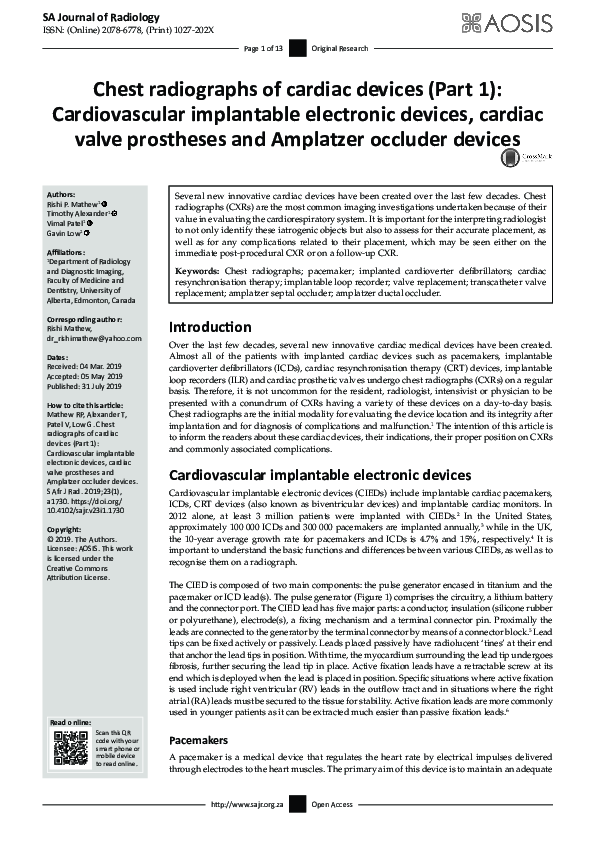 (PDF) Chest radiographs of cardiac devices (Part 2): Cardiovascular ...