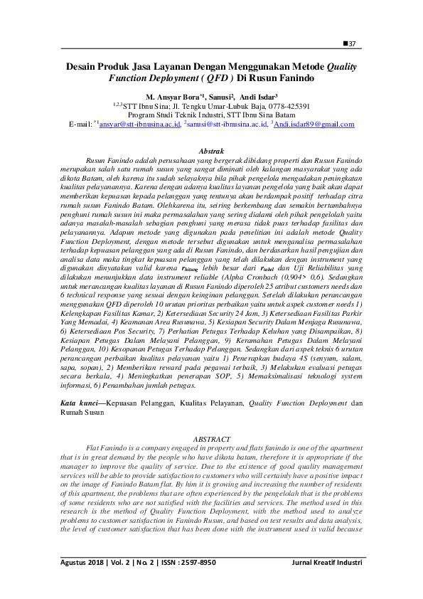 (PDF) Desain Produk Jasa Layanan Dengan Menggunakan Metode Quality Function Deployment ( QFD ...