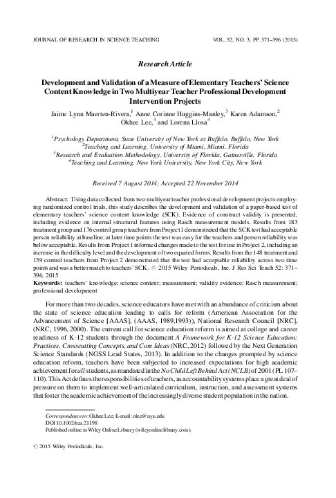 (PDF) Development and validation of a measure of elementary teachers ...