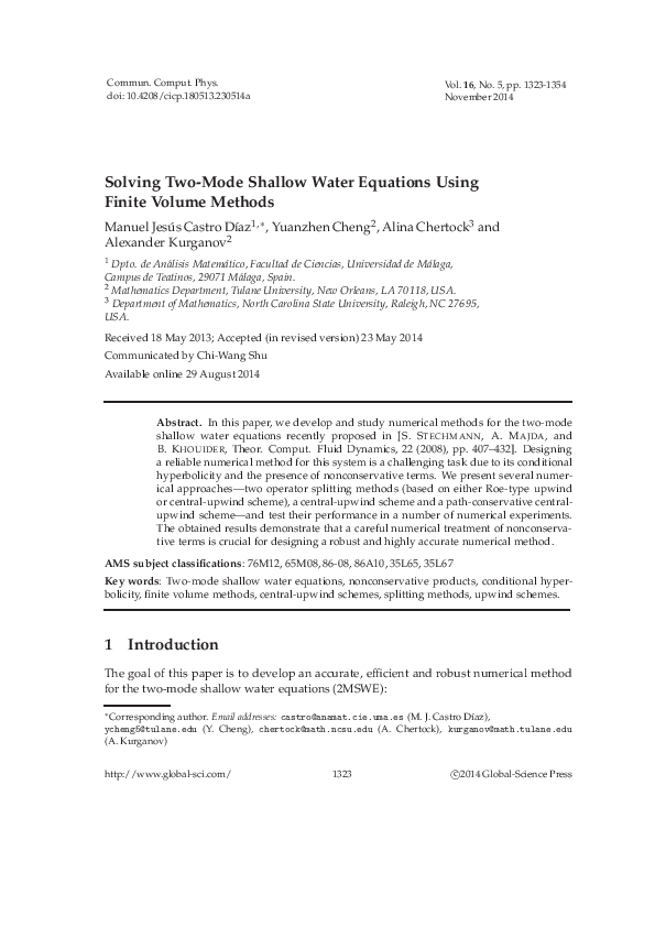 Pdf Solving Two Mode Shallow Water Equations Using Finite Volume Methods