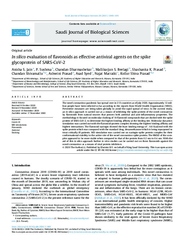 (PDF) In silico evaluation of flavonoids as effective antiviral agents on the spike glycoprotein ...