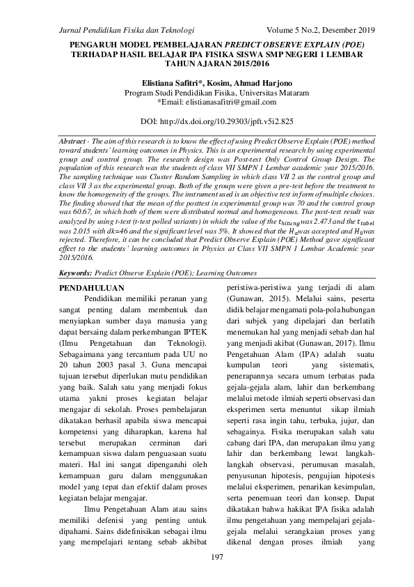 (PDF) Pengaruh Model Pembelajaran Predict Observe Explain (POE) Terhadap Hasil Belajar IPA ...