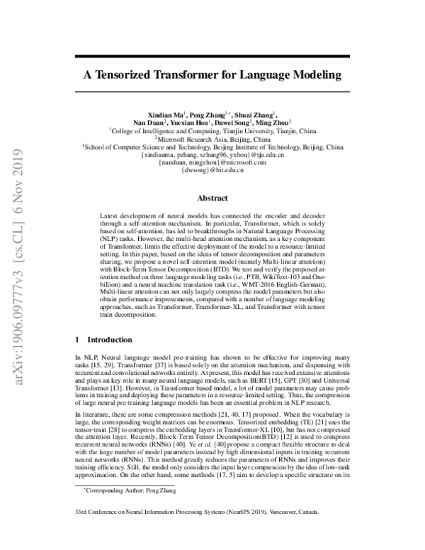 (PDF) A Tensorized Transformer for Language Modeling