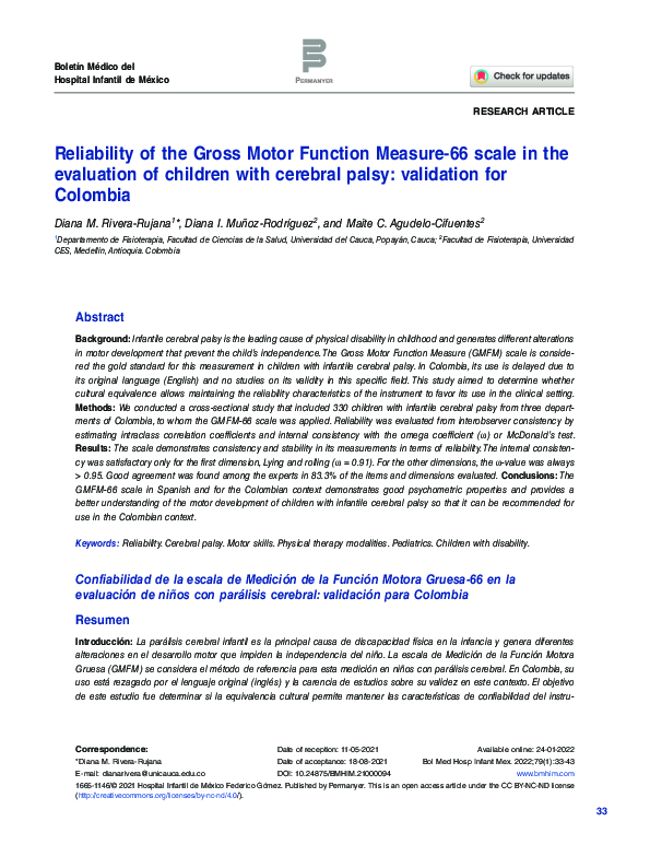 (PDF) Reliability of the Gross Motor Function Measure-66 scale in the ...