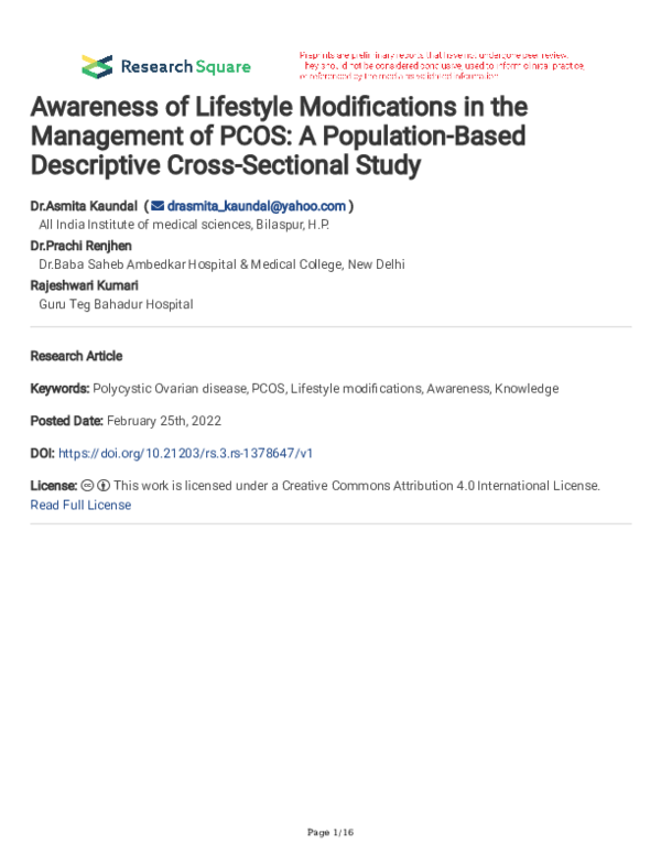 (PDF) Awareness of Lifestyle Modifications in the Management of PCOS: A ...