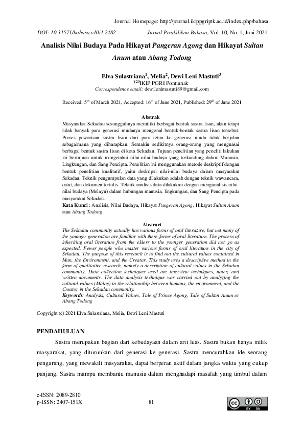 (PDF) Analisis Nilai Budaya pada Hikayat Pangeran Agong dan Hikayat ...