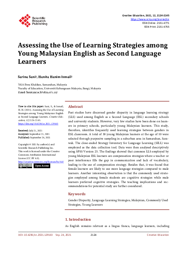 (PDF) Assessing the Use of Learning Strategies among Young Malaysian English as Second Language ...