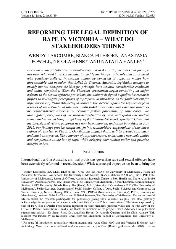 (PDF) Reforming the Legal Definition of Rape in Victoria - What Do ...
