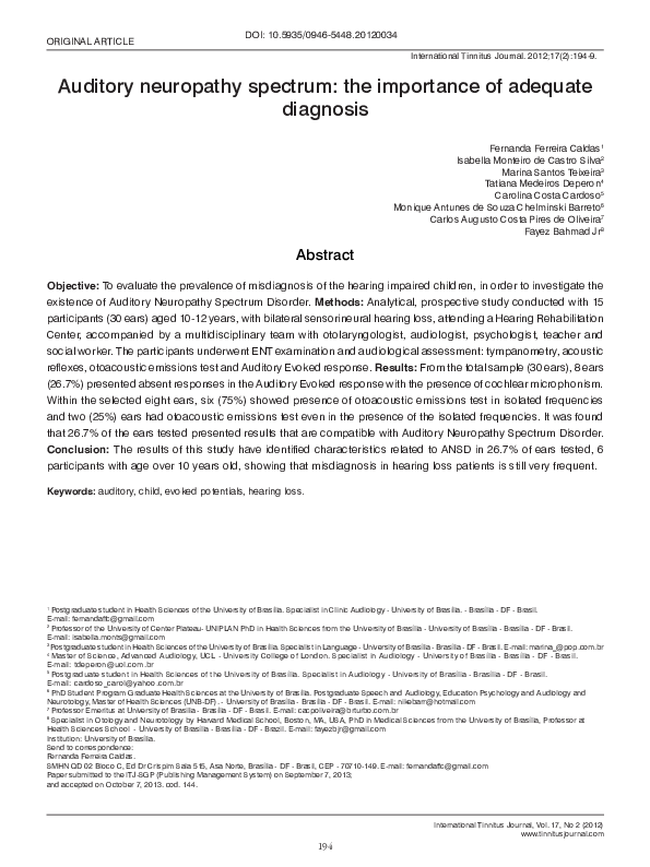 (PDF) Auditory neuropathy spectrum: the importance of adequate diagnosis