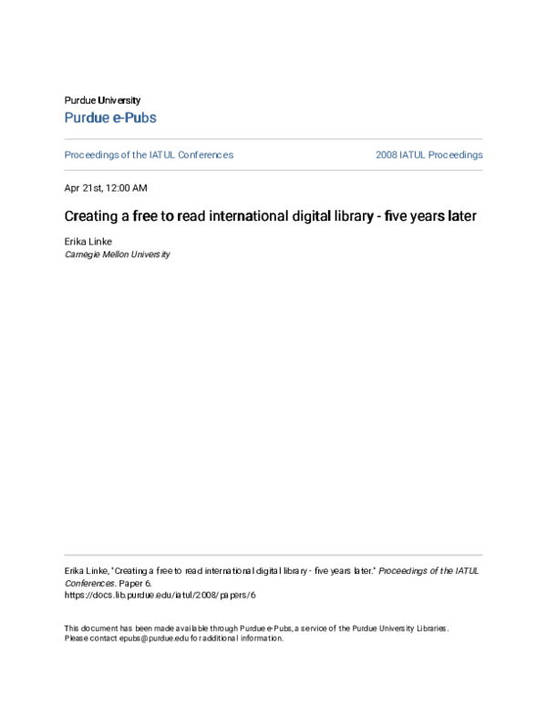 (PDF) Creating a free to read international digital library - five ...