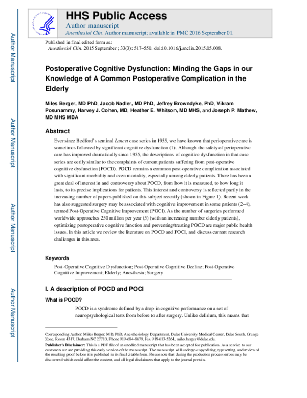 (PDF) Postoperative Cognitive Dysfunction