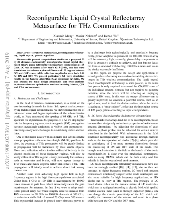 (PDF) Reconfigurable Liquid Crystal Reflectarray Metasurface for THz ...