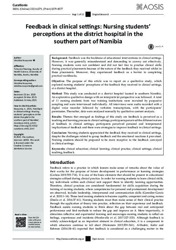 (PDF) Feedback in clinical settings: Nursing students’ perceptions at ...