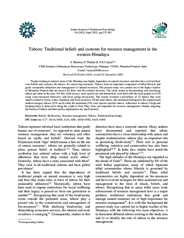 (PDF) Taboos: Traditional beliefs and customs for resource management ...