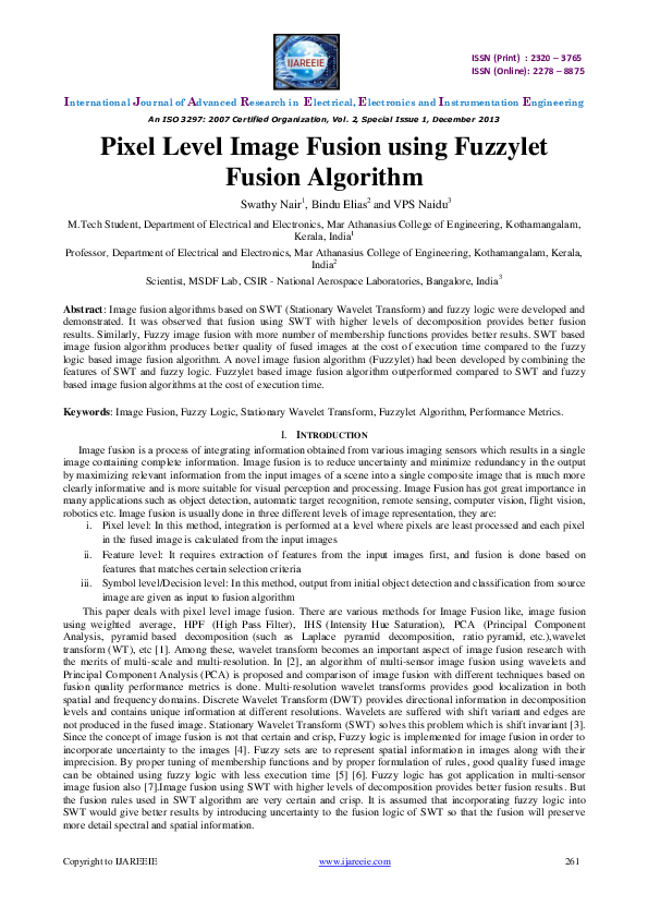 (PDF) Pixel Level Image Fusion using FuzzyletFusion Algorithm