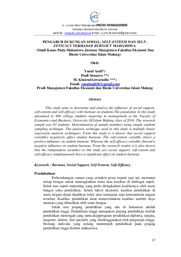 (PDF) Pengaruh Dukungan Sosial Self Esteem Dan Self Efficacy Terhadap Burnout Mahasiswa Studi ...
