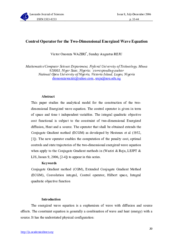 (PDF) Control Operator for the Two-Dimensional Energized Wave Equation