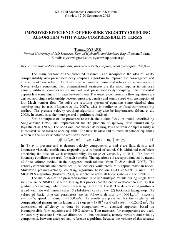 Pdf Improved Efficiency Of Pressure Velocity Coupling Algorithm With Weak Compressibility 