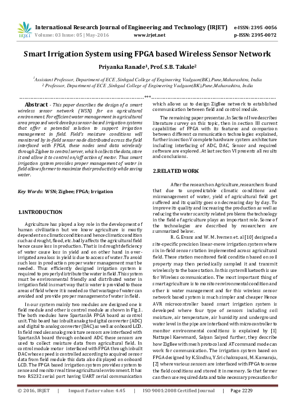 Pdf Smart Irrigation System Using Fpga Based Wireless Sensor Network