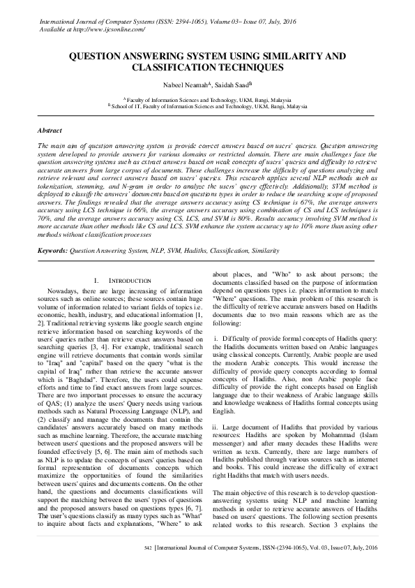 (PDF) Question Answering System Using Similarity and Classification ...