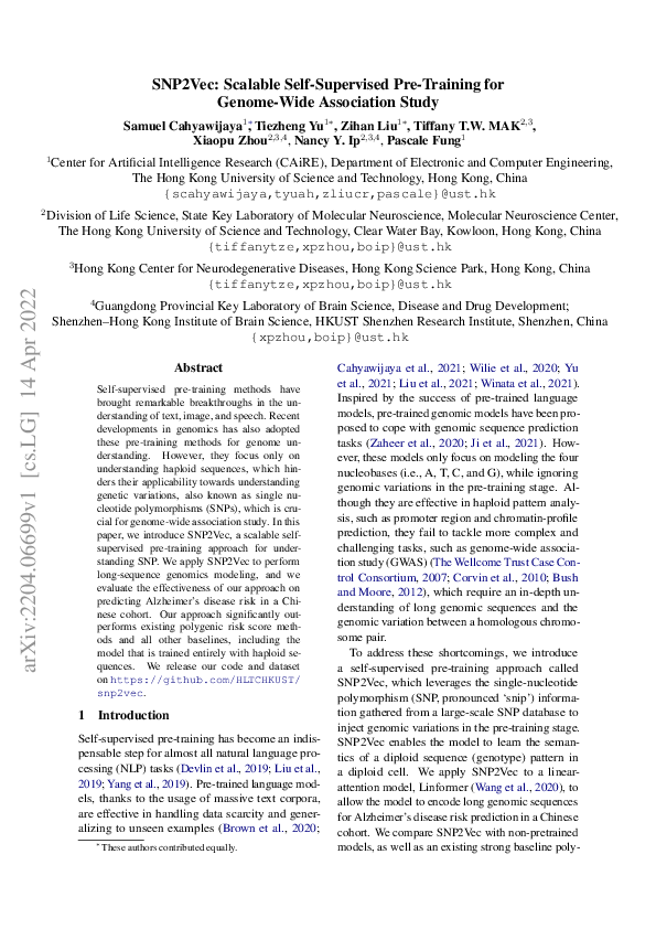 (PDF) SNP2Vec: Scalable Self-Supervised Pre-Training for Genome-Wide Association Study