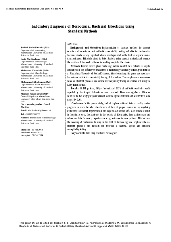 (PDF) Laboratory Diagnosis of Nosocomial Bacterial Infections Using ...