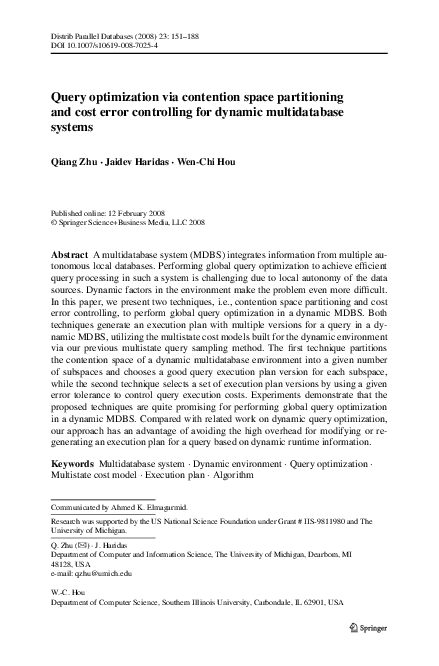 Pdf Optimizing Queries In Dynamic Multidatabase Systems