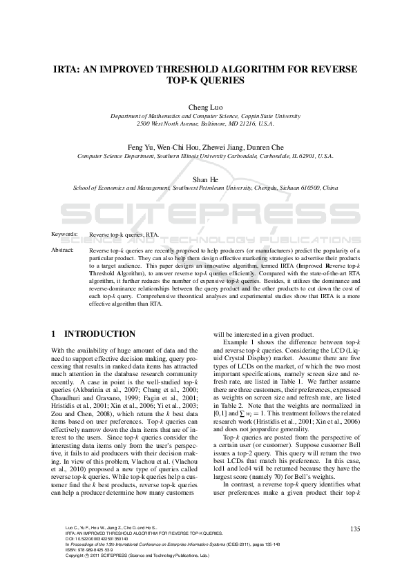 (PDF) IRTA: An Improved Threshold Algorithm for Reverse Top-k Queries