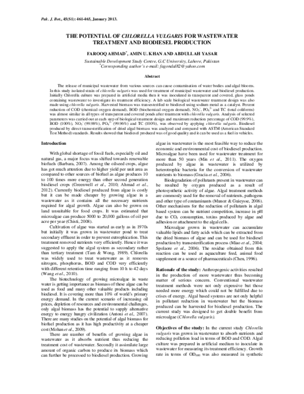 (PDF) The potential of Chlorella vulgaris for wastewater treatment and biodiesel production