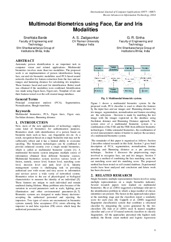(PDF) Multimodal Biometrics using Face, Ear and Iris Modalities