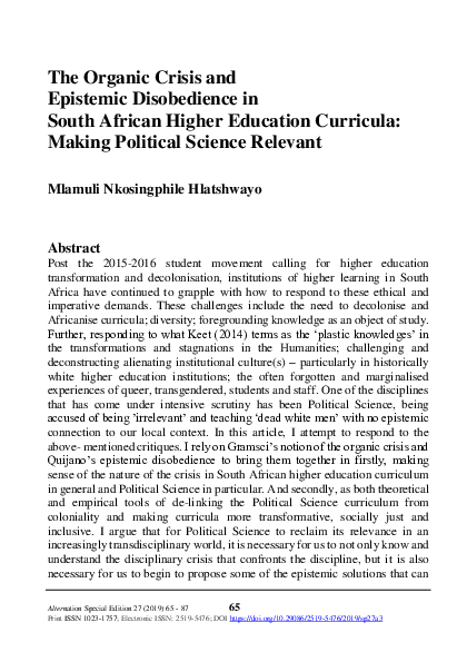 (PDF) The Organic Crisis and Epistemic Disobedience in South African ...